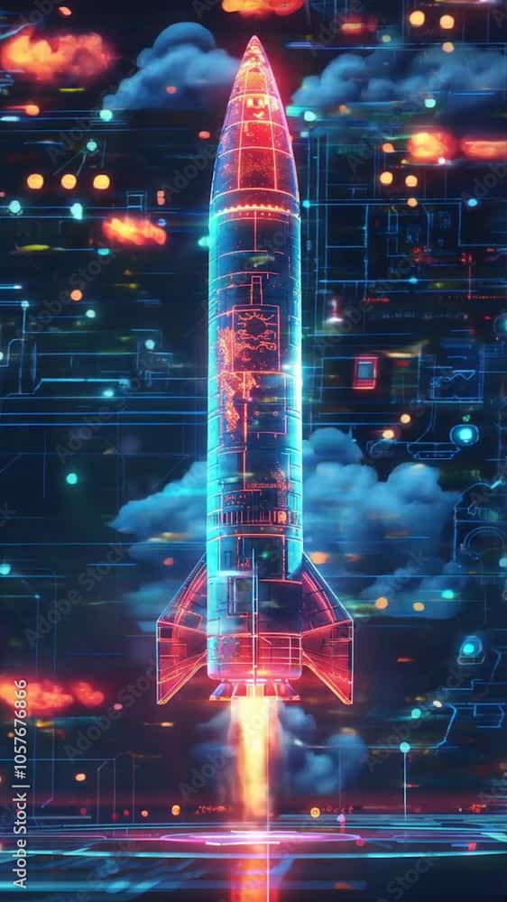 Futuristic neon rocket with holographic wireframe design launching into ...