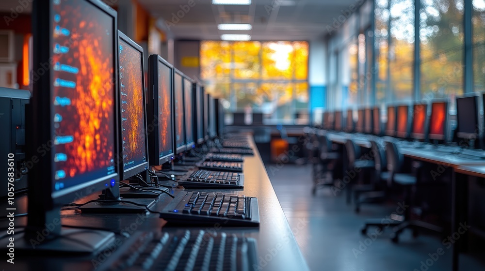 A computer lab with rows of computers and monitors, representing the ...