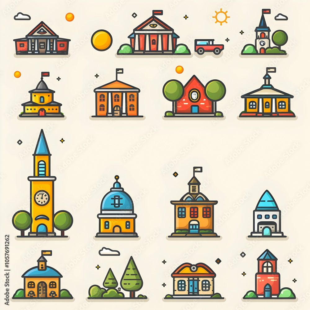 Collection of 16 colorful line art illustrations of different types of ...