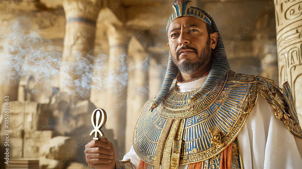 Ancient egyptian priest holding ankh in temple with hieroglyphic ...