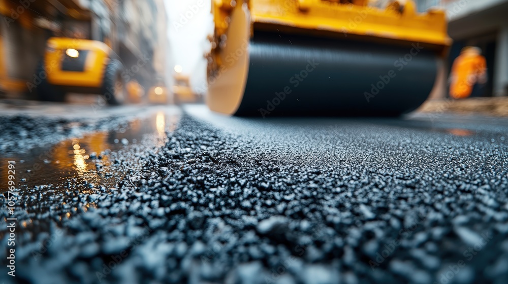 Heavy asphalt roller machine paving a wet city street at dusk, close-up ...