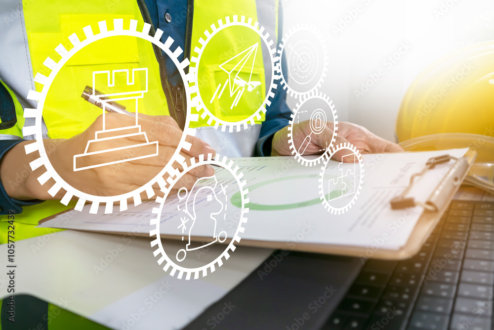 Engineers plan construction plans and guidelines with work steps and ...