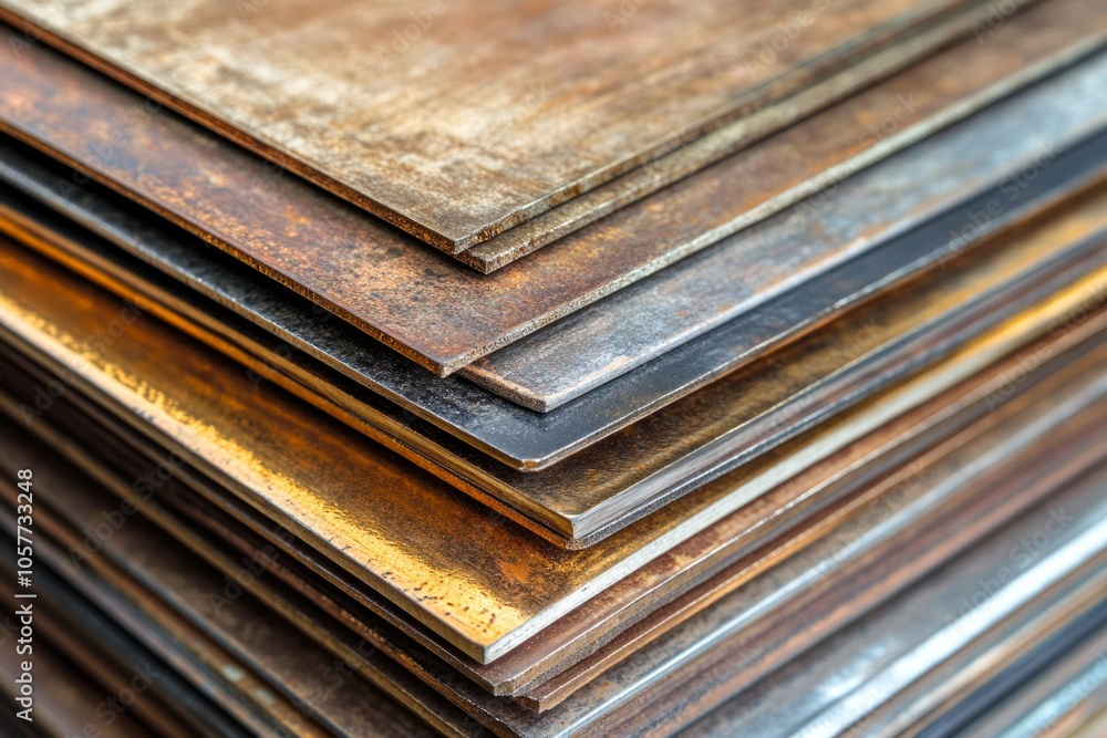 Stacked metal sheets with rustic textures and industrial appeal Stock ...