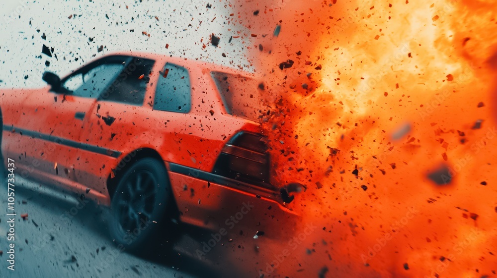 A vivid explosion occurs as a red car skids away, creating a dramatic ...
