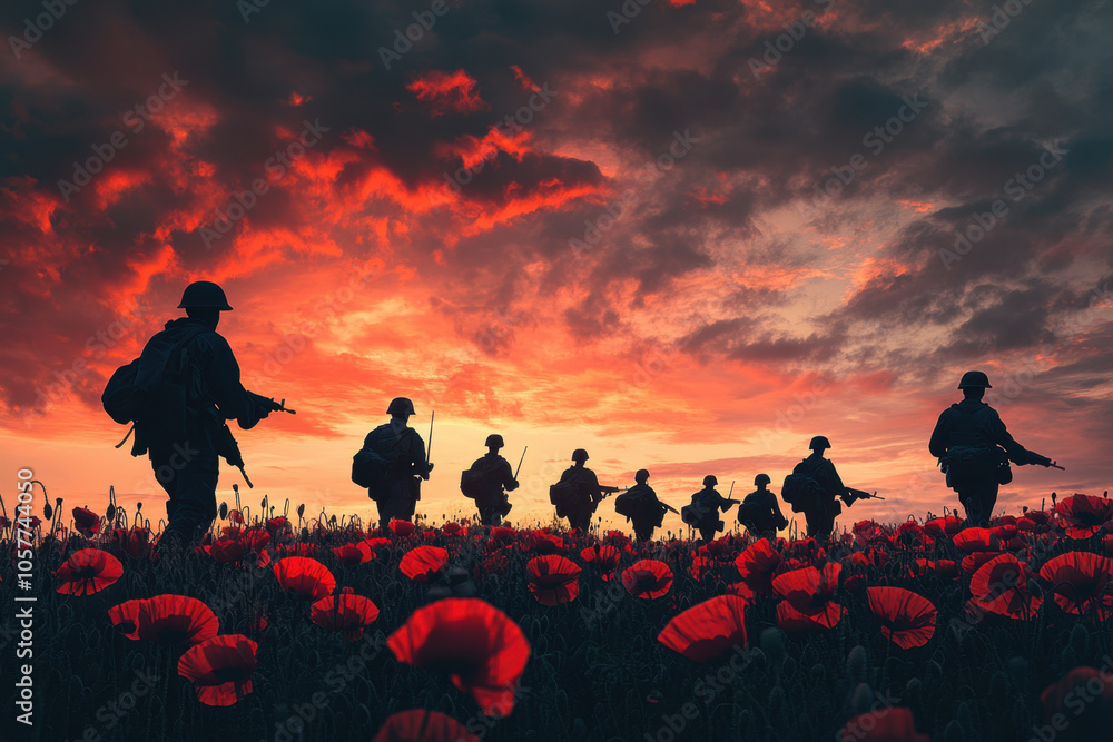 Silhouette of soldiers in red poppy flowers and dramatic sky background ...