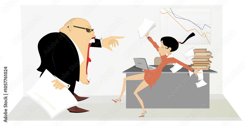 Angry boss and employee woman. Angry chief scolds his employee woman ...