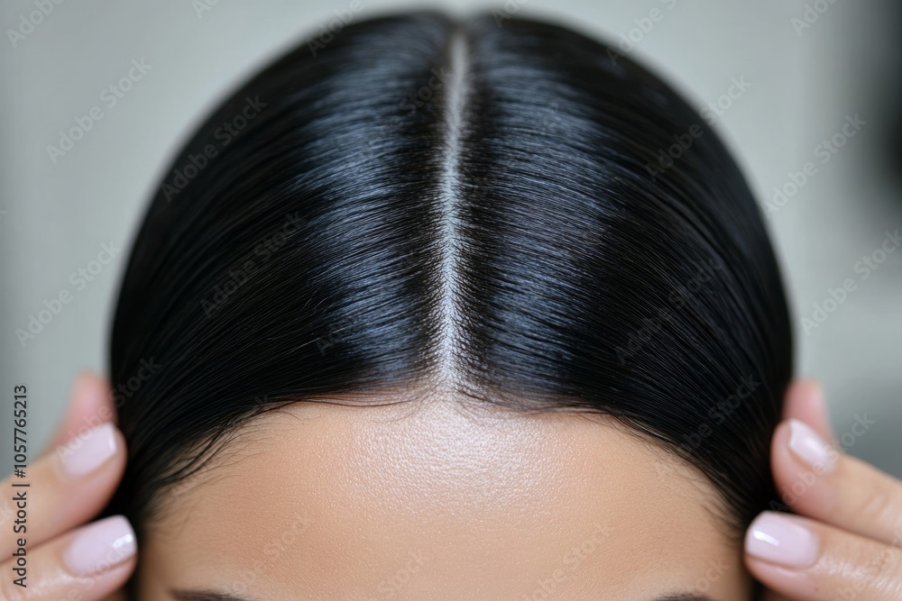 Woman's hands parting thinning hair, close-up, neutral color palette ...