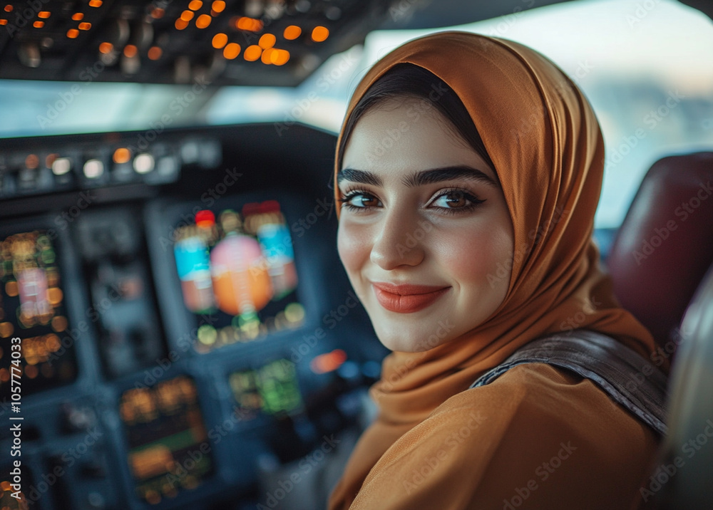 Confident female pilot wearing a hijab smiles in the cockpit ...