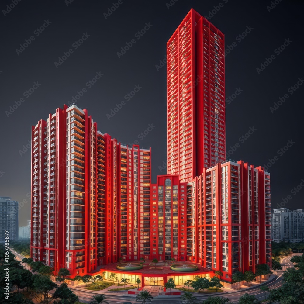 Red and orange residential complex in the shape of a semicircle and red ...