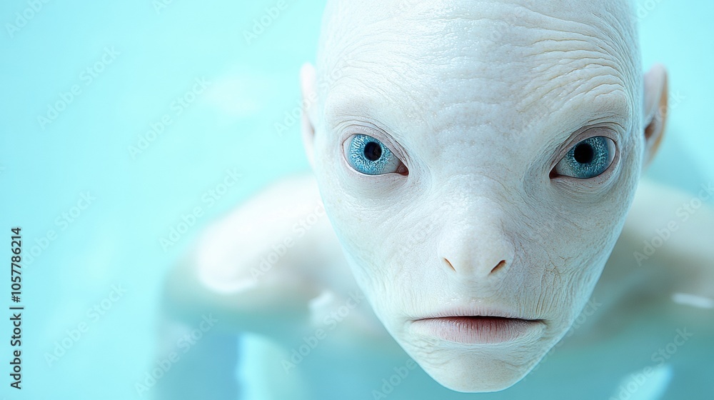 Alien-like creature with large eyes emerges from a blue, watery ...