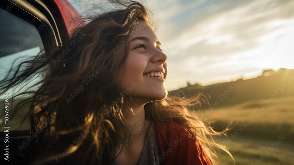 Teenage girl leaning out of car window feeling the breeze while driving ...