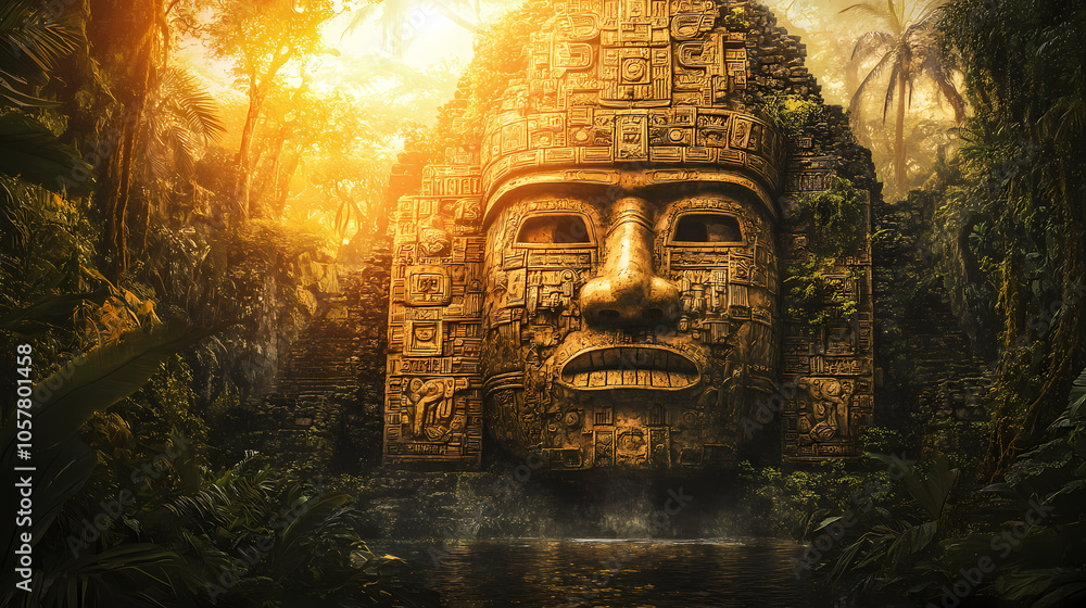 Sunset rainforest river landscape with an aztec temple and a stone face ...