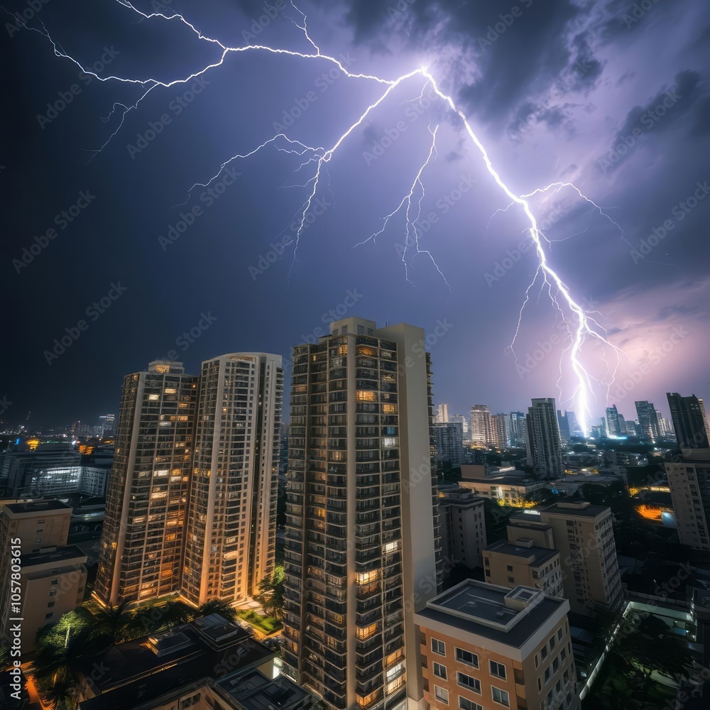 Incredible real lightning striking on night sky of bangkok' s urban ...