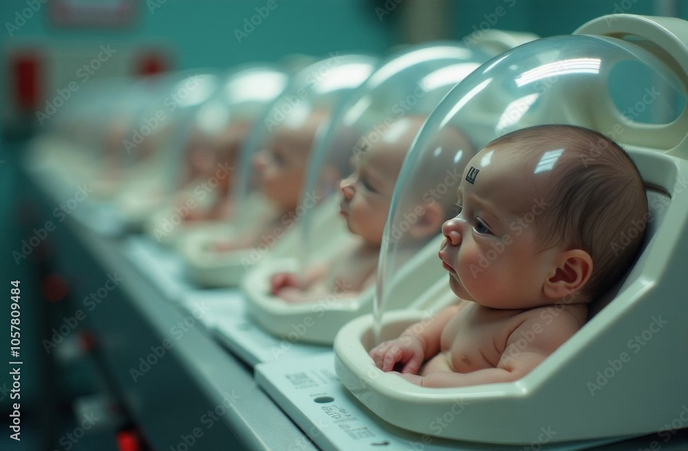 A child with a barcode on his face. Concept of DNA cloning and human ...