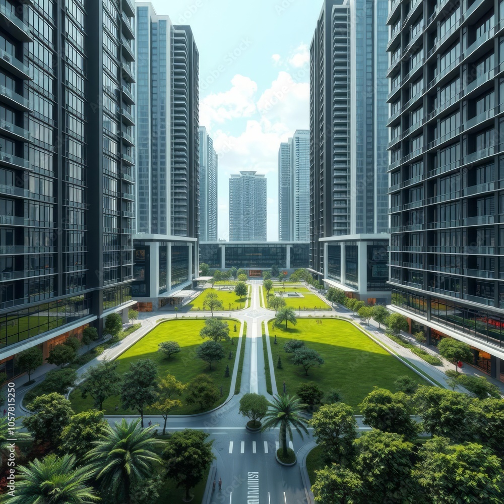 Urban skyline, modern high-rise buildings, green courtyard, landscaped ...
