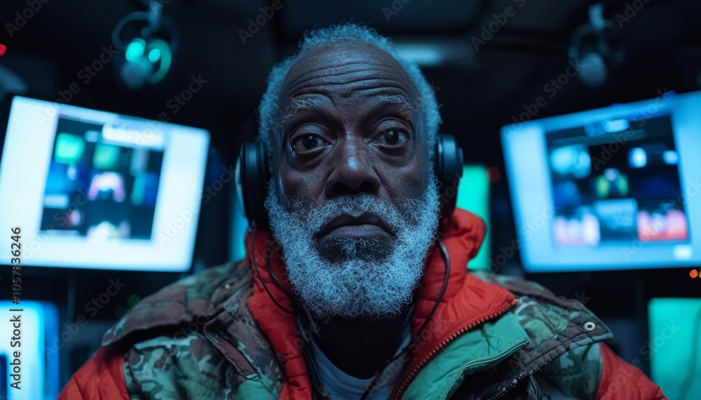 A senior African man editing a video on his computer, surrounded by ...