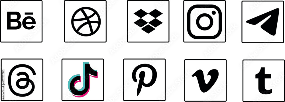 Set of popular social media logos in square and monochrome format ...