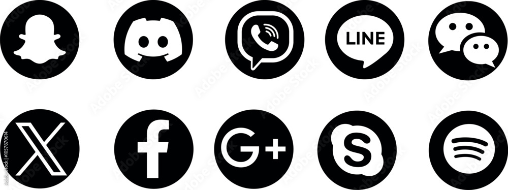 Set of circular messaging app icons. Includes logos for Snapchat ...