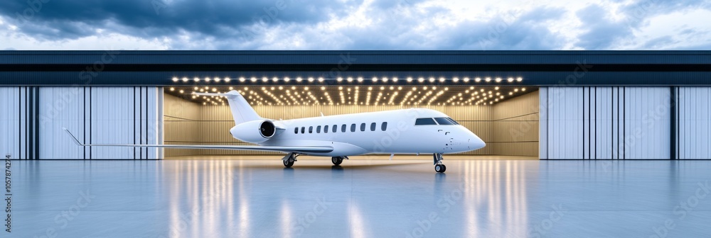 A modern private jet hangar with architectural features and a large ...