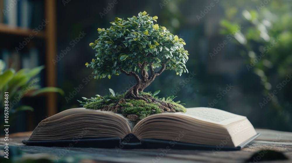 In a quiet indoors space, a small tree with vibrant leaves emerges from ...