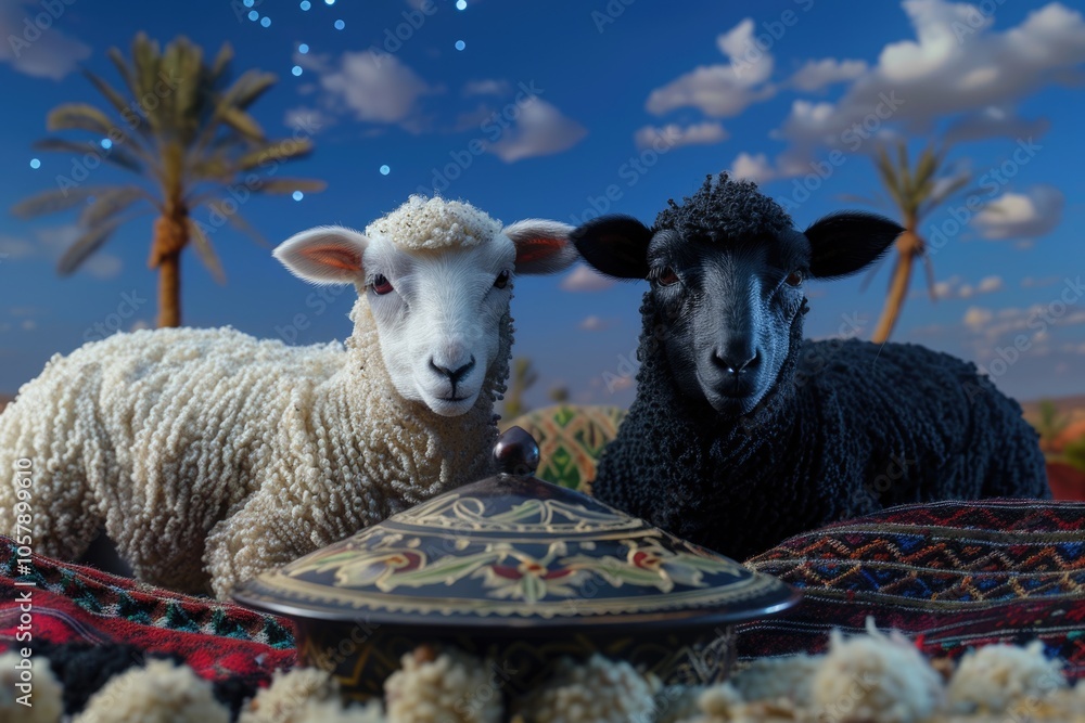 Eid al Adha Festival of Sacrifice with lambs and tagine. Stock Photo ...