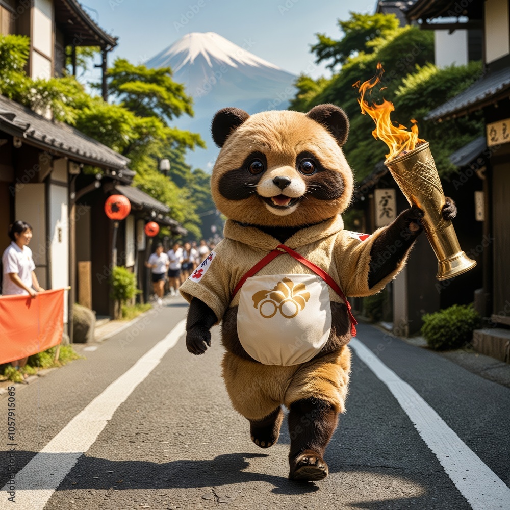 Mascot Tanuki running with torch in traditional japanese town near ...