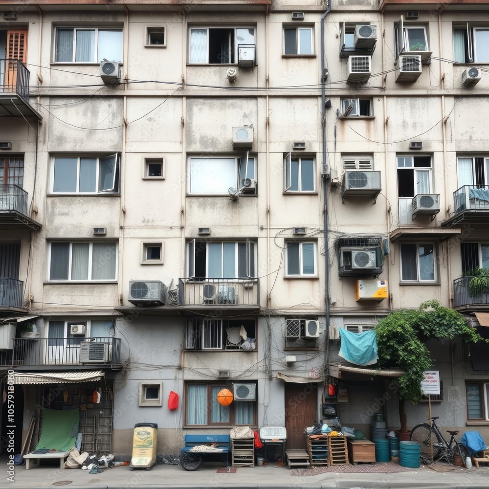 Facade of inadequate tenement slum with low-cost living forced eviction ...