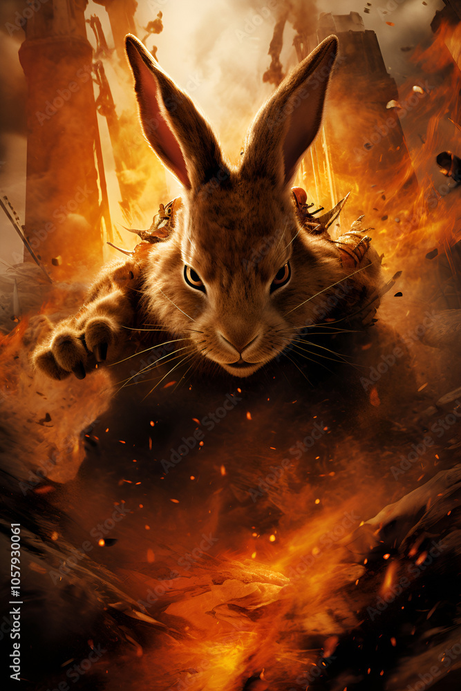 Warrior Rabbit in Dark Armor with Glowing Fiery Eyes, Intense Fantasy ...