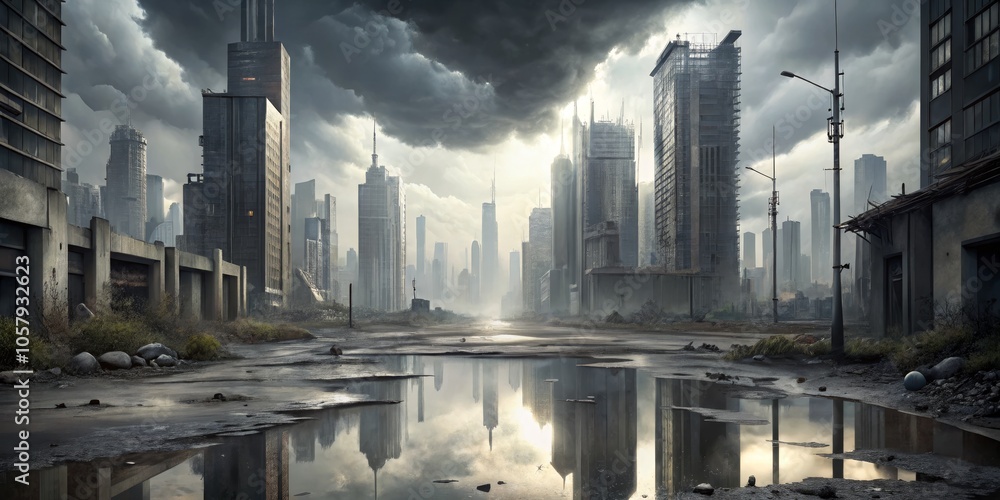 Desolate Urban Ruins Post-Apocalyptic Cityscape with Reflective Puddle ...
