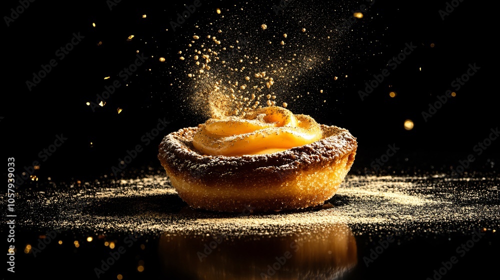 Rich pastel de nata with a burst of custard isolated on a charcoal ...