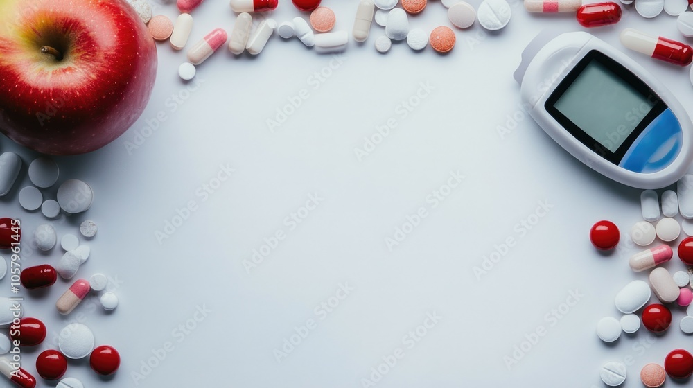 Apples, pills, capsules and a glucometer on a white background with ...