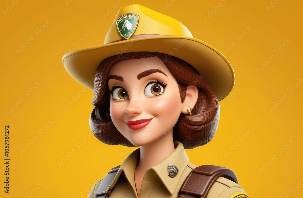 Cheerful female park ranger in yellow hat on solid background, cartoon ...