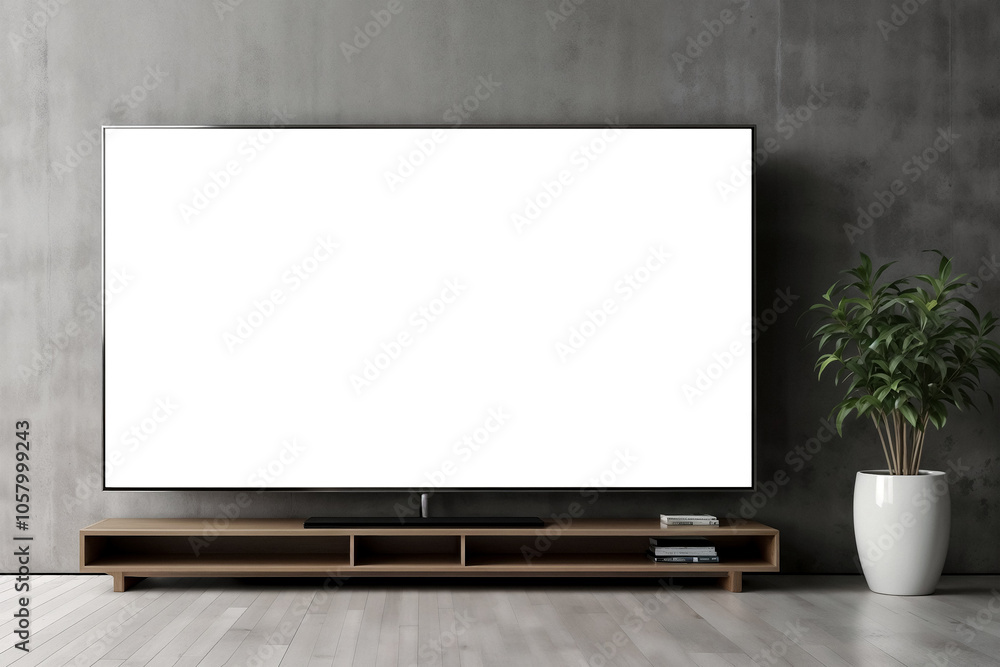 Empty big flat TV screen mock-up with text space in living room ...