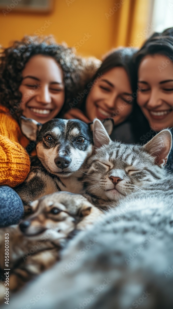 Joyful Moments with Pets: Four Friends Cuddling with Dogs and Cats in a ...
