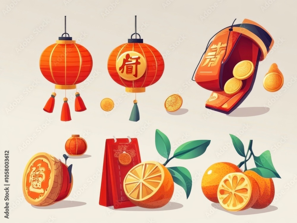 Celebrate lunar new year with good luck symbols lanterns oranges and ...