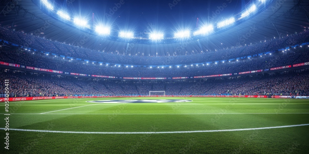 Brightly lit football field under stadium lights at night, green grass ...