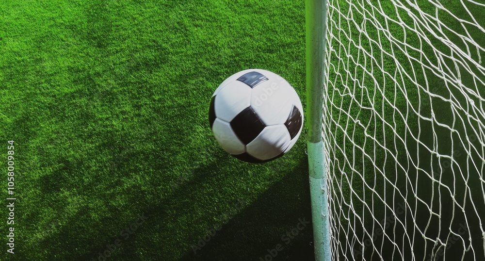 Soccer ball flying into the goal, captured in a close-up, top-down ...