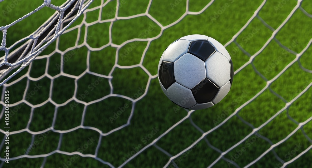 Soccer ball flying into the goal, captured in a close-up, top-down ...