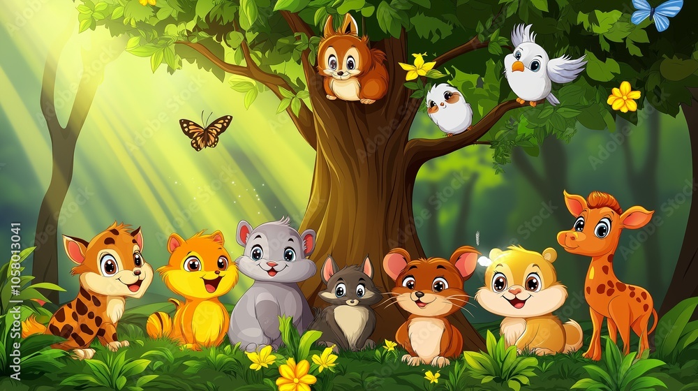 A cheerful forest scene featuring various cute cartoon animals gathered ...