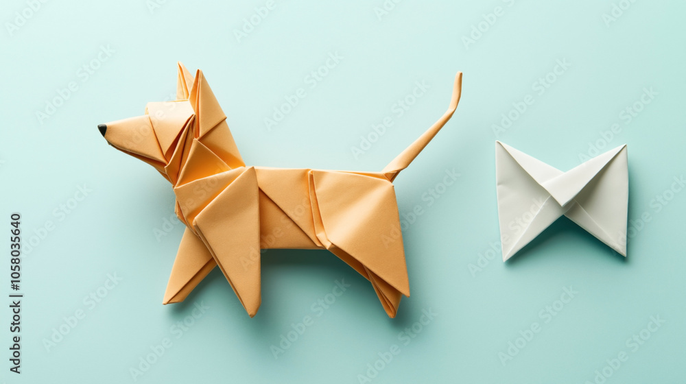 Folded paper origami of a yellow dog and a white bone shape against a ...