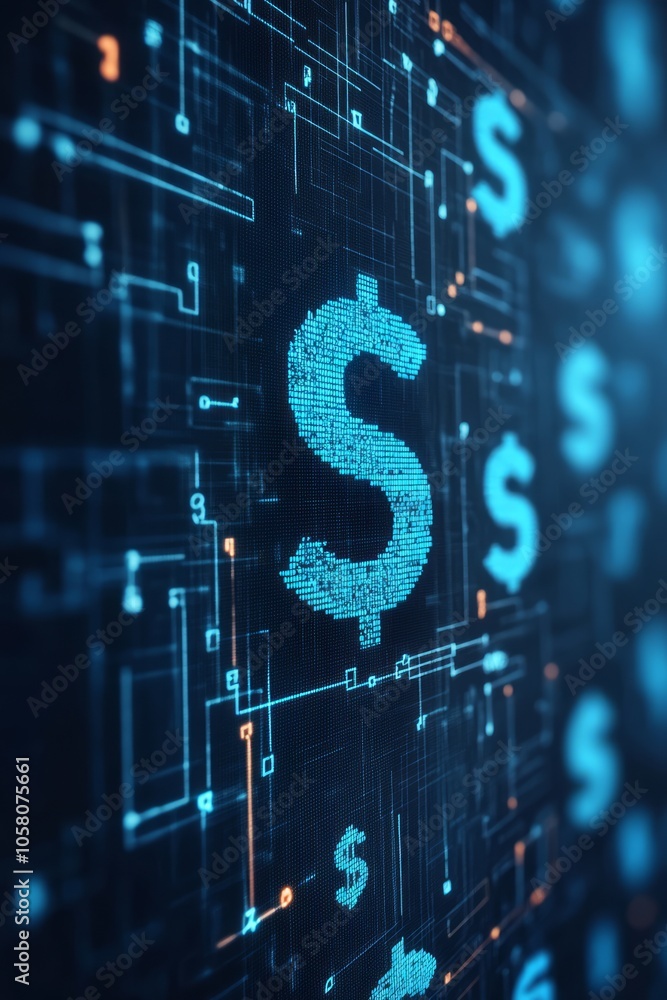 Digital representation of currency symbols in a tech-inspired design ...