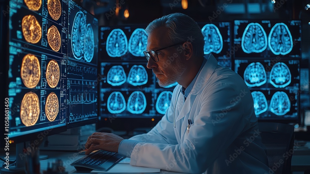 An expert doctor examining multiple brain MRI scans on a modern digital ...
