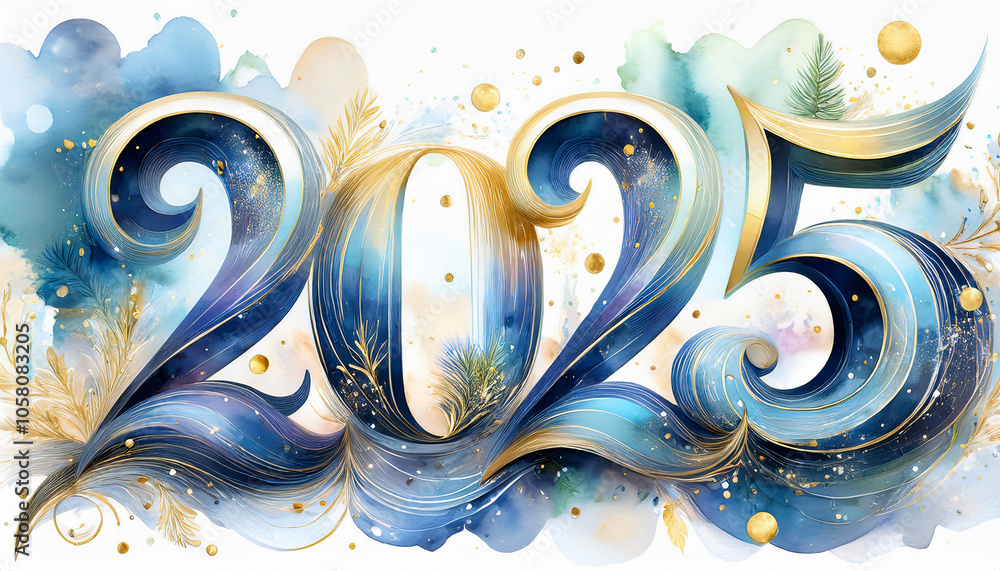2025 watercolor wash with subtle ink flecks on a transparent background ...