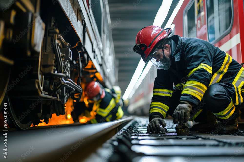 Firefighters in safety gear inspecting train tracks during emergency ...