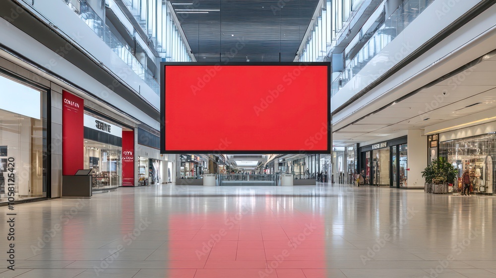 A large blank red digital billboard hangs from the ceiling of a modern ...