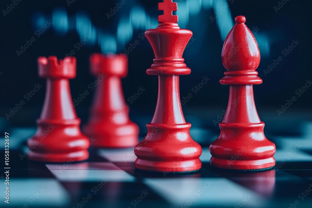 Red chess pieces on a board with a blurred stock market chart in the ...