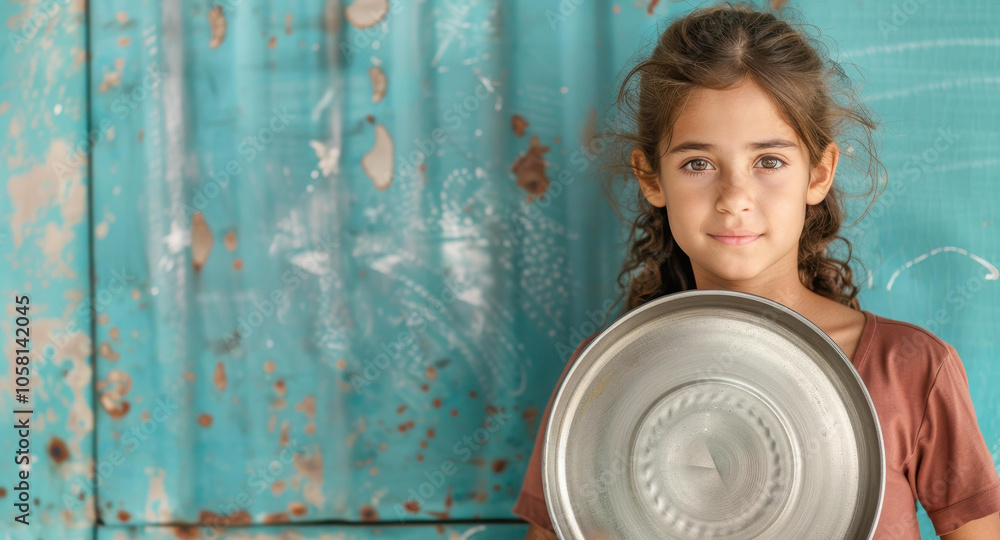 A destitute girl clutches her empty plate, a symbol of hunger and ...