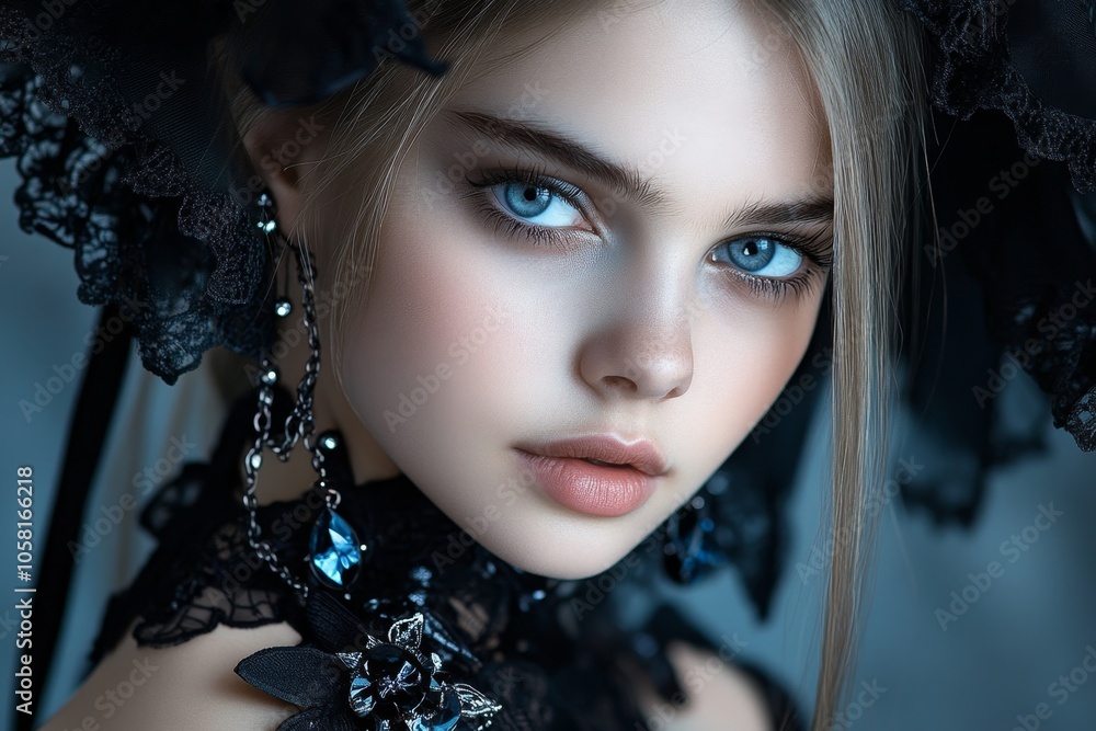 Gothic-inspired child in a soft, shadowy light, with a gentle, innocent ...