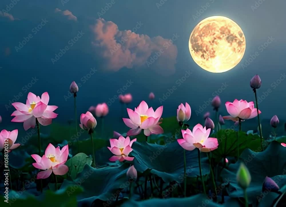 A serene scene with pink lotus flowers in full bloom, illuminated by a ...