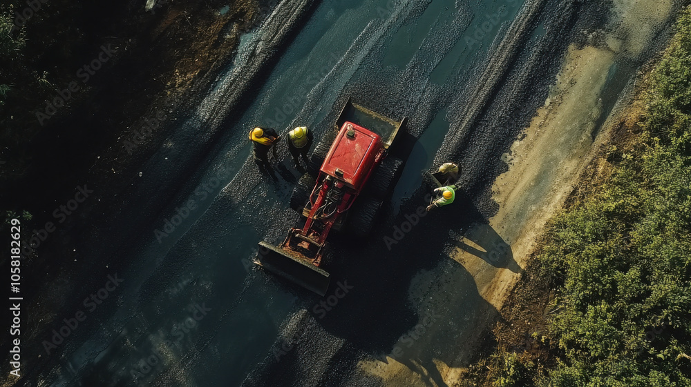 team pouring liquid asphalt on newly constructed road, showcasing ...
